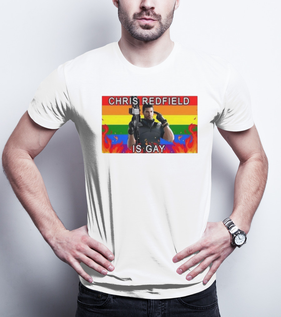 Chris Redfield Is Gay Rainbow Background Flames T-Shirt