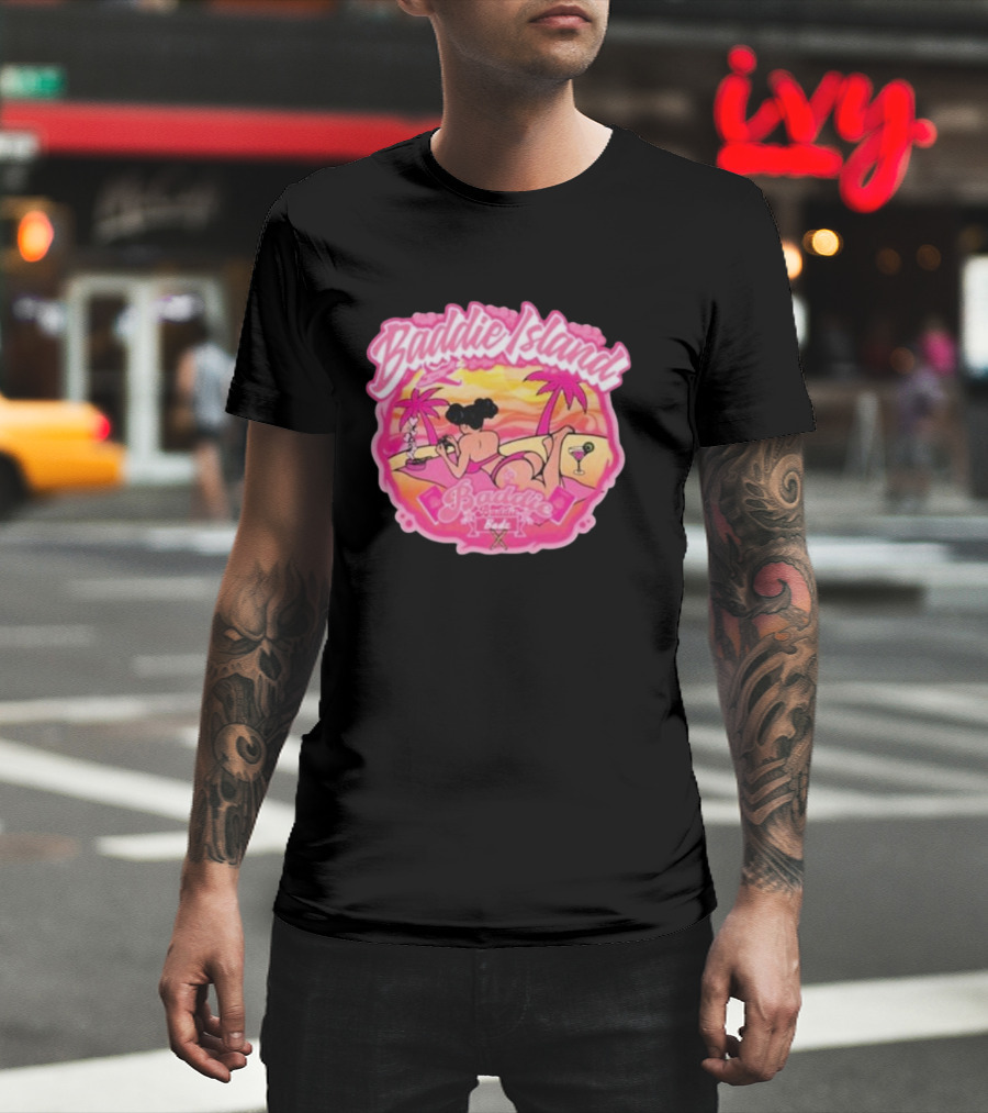 Baddie Island Summer Scene With Palm Trees And Cocktail Imagery - Baddie Budz Vibe T-Shirt