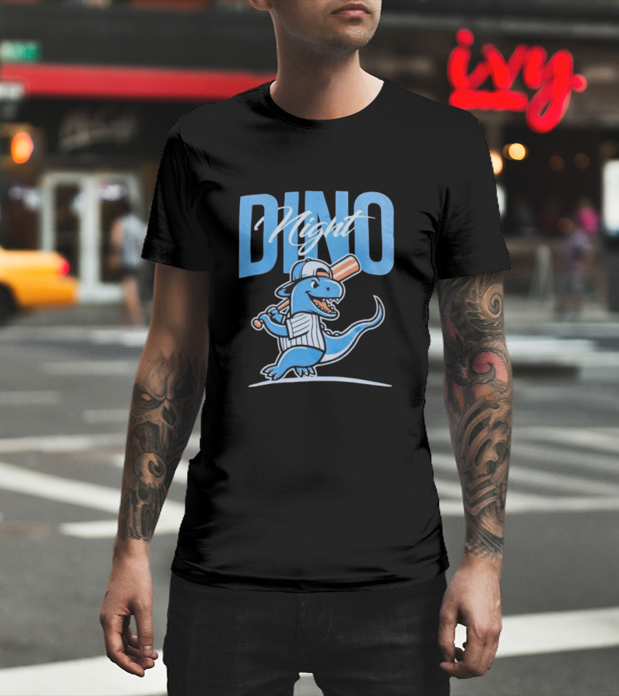 Dino Night Baseball Player Dinosaur In Cap With Bat T-Shirt