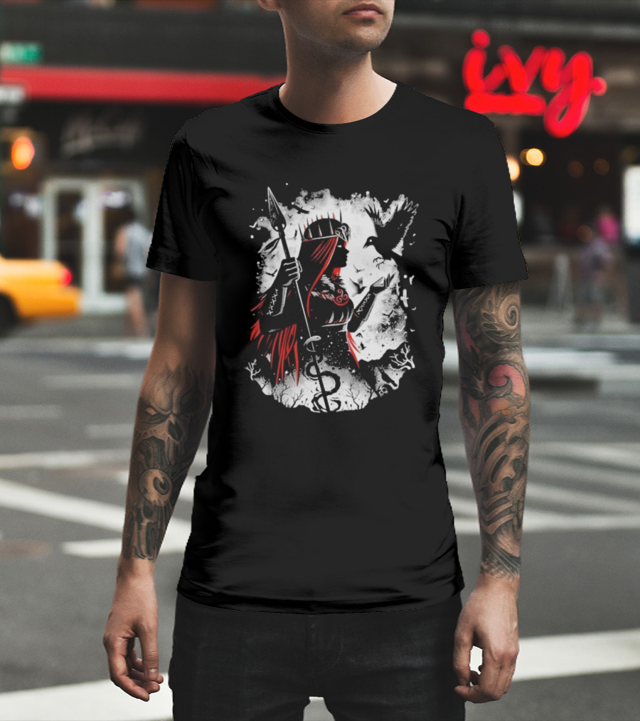 Goddess Of Fate And War With Spear And Raven T-Shirt