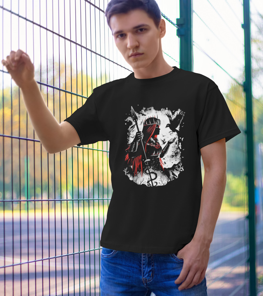 Goddess Of Fate And War With Spear And Raven T-Shirt