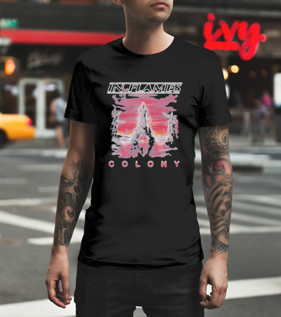 In Flames Colony Silhouette And Abstract Pink Brushstrokes T-Shirt