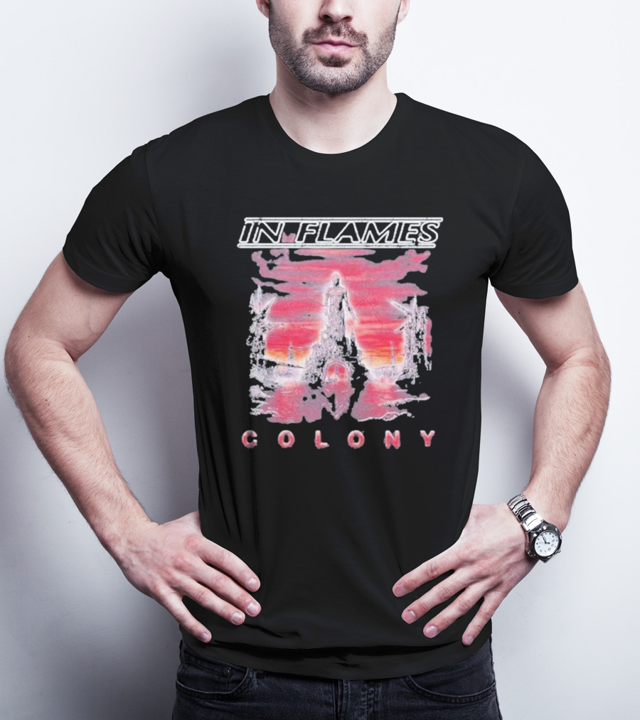 In Flames Colony Silhouette And Abstract Pink Brushstrokes T-Shirt