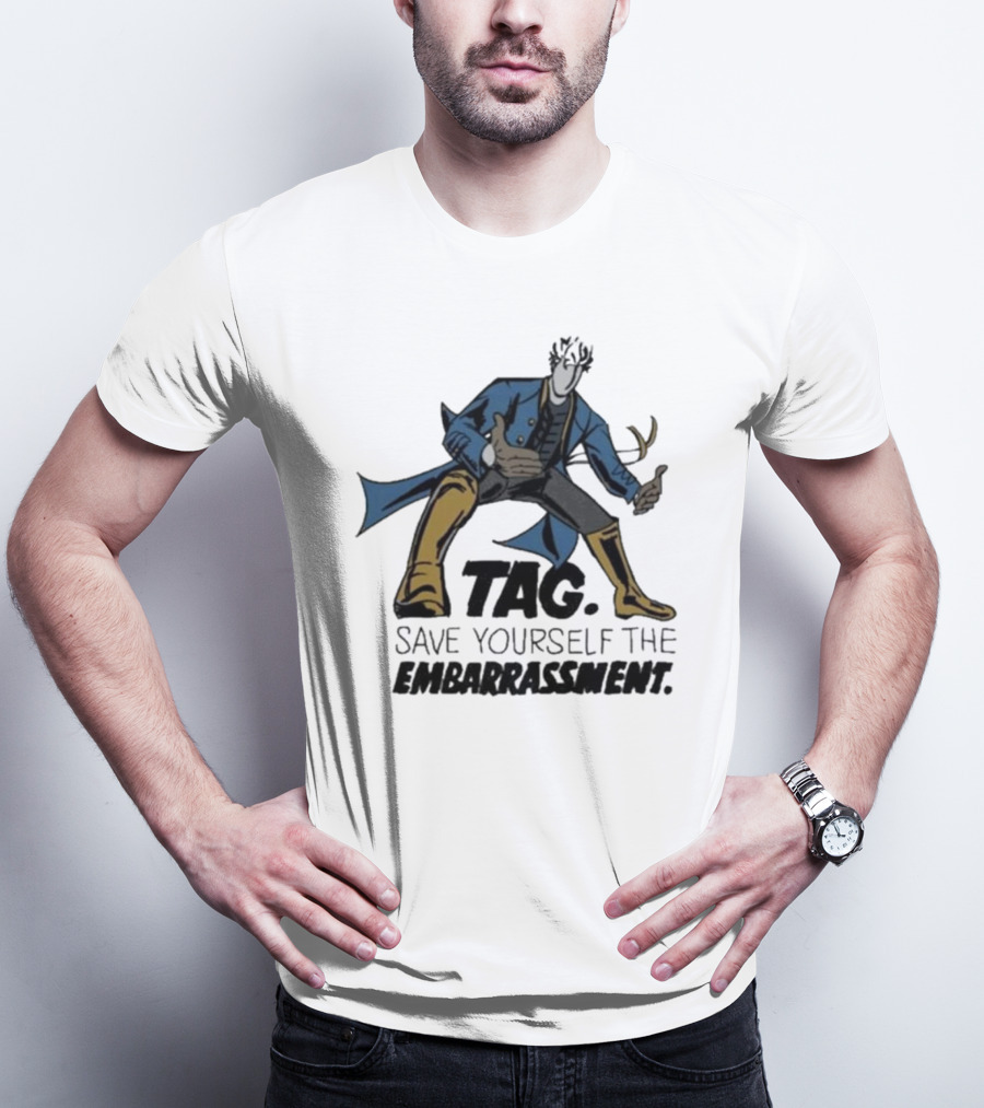 TAG Save Yourself The Embarrassment Mysterious Figure With Blue Coat And Yellow Boots T-Shirt