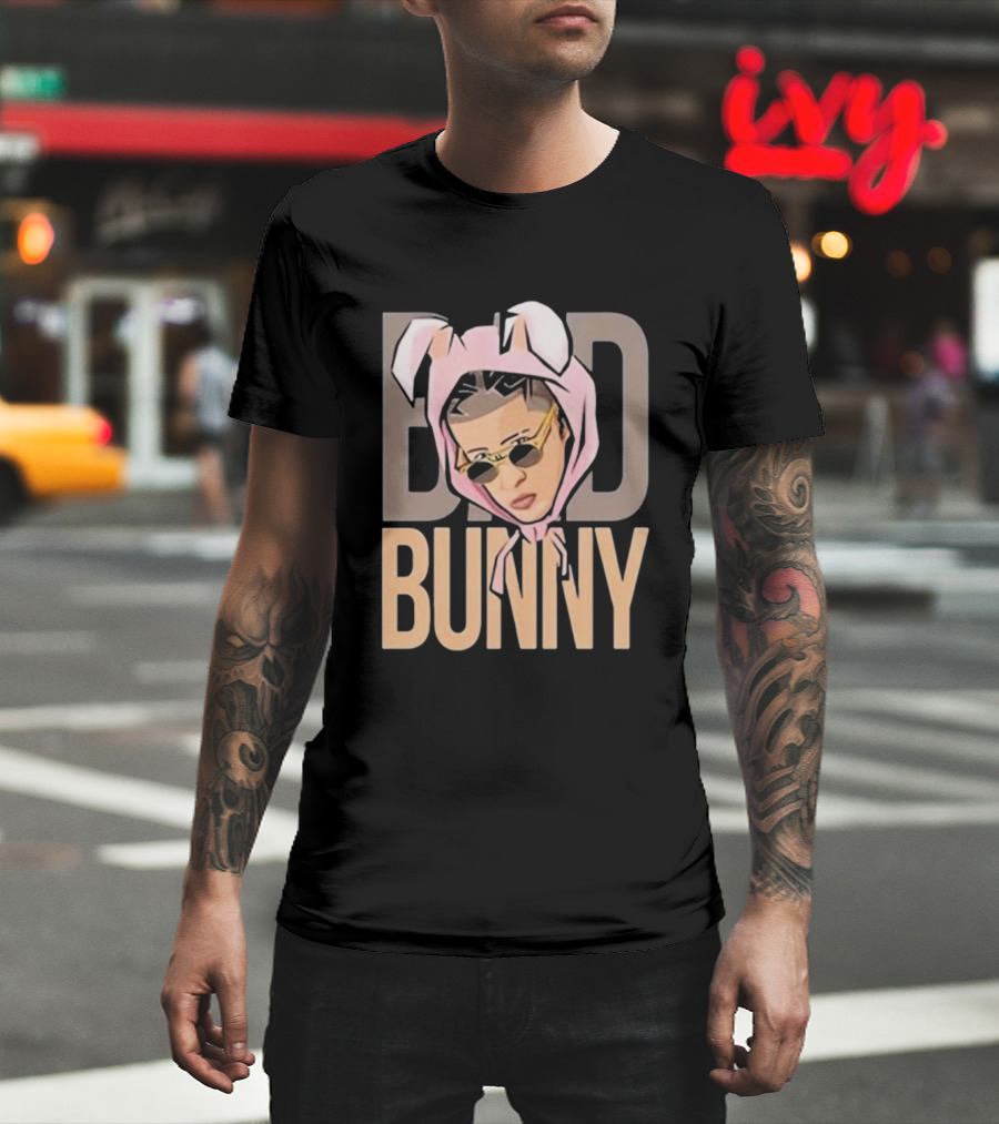 BAD BUNNY Essential Pink Bunny Hoodie Sunglasses T-Shirt