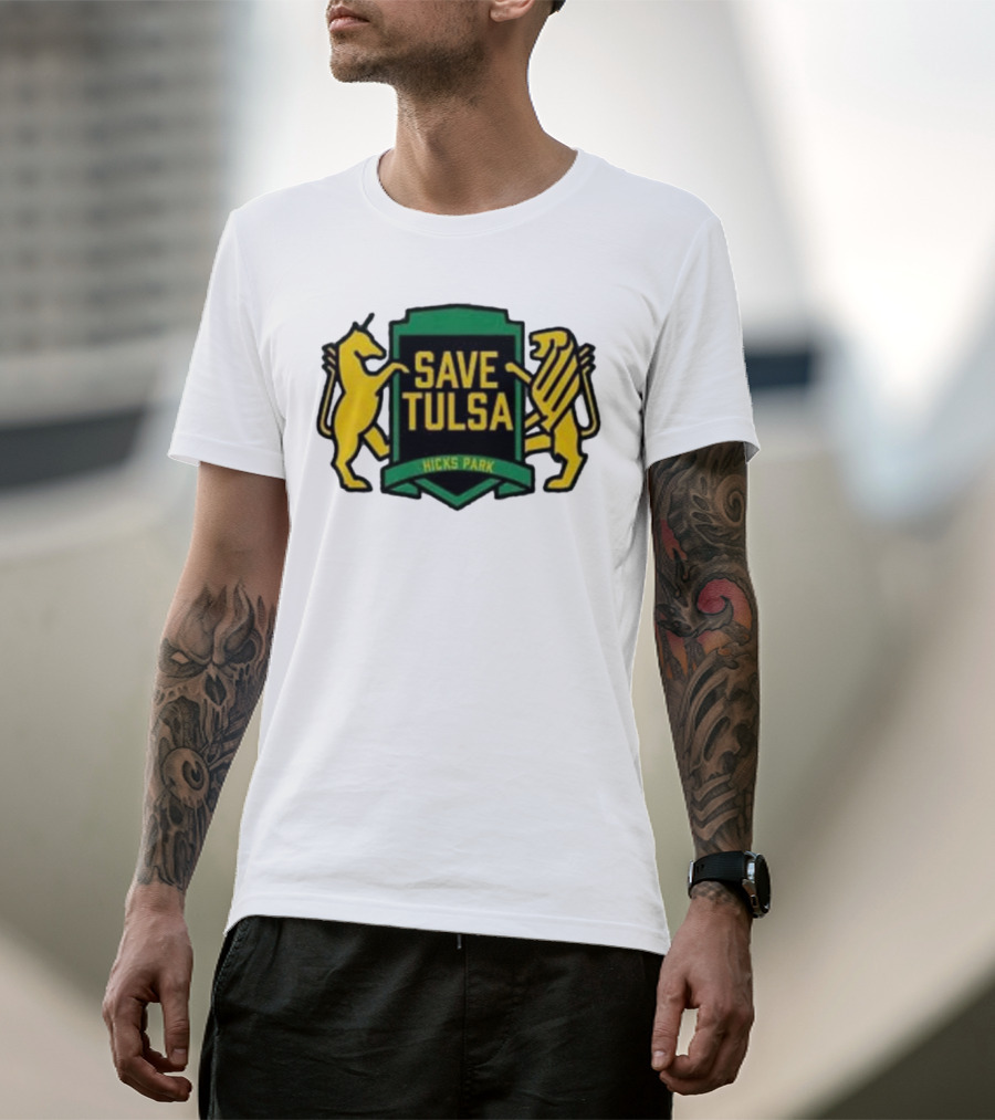 Save Tulsa Kicks Park Yellow Lion And Griffin Shield T-Shirt