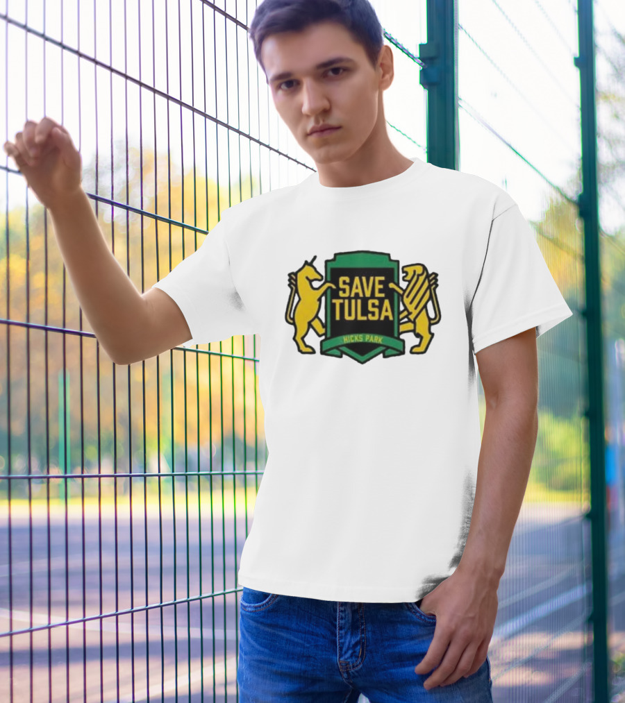 Save Tulsa Kicks Park Yellow Lion And Griffin Shield T-Shirt