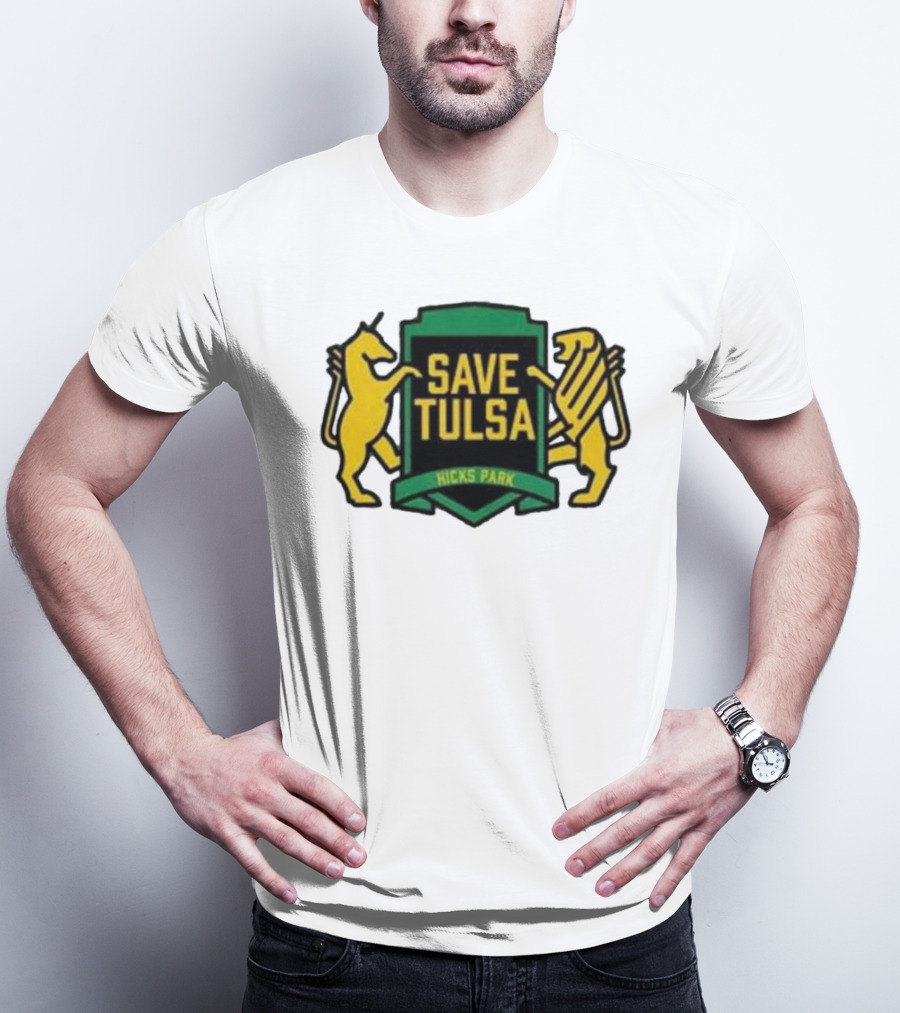 Save Tulsa Kicks Park Yellow Lion And Griffin Shield T-Shirt