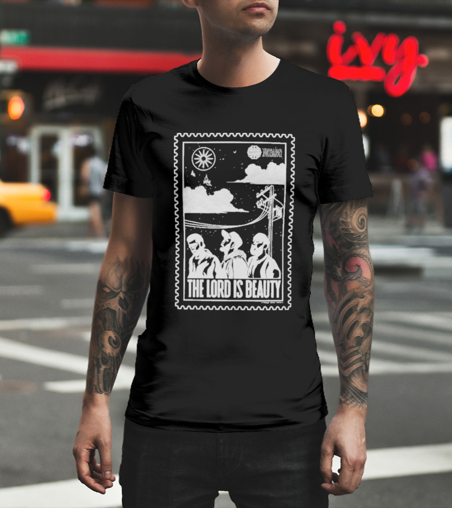 The Lord Is Beauty Three Figures Under Night Sky Clouds Birds Sun And Powerlines T-Shirt