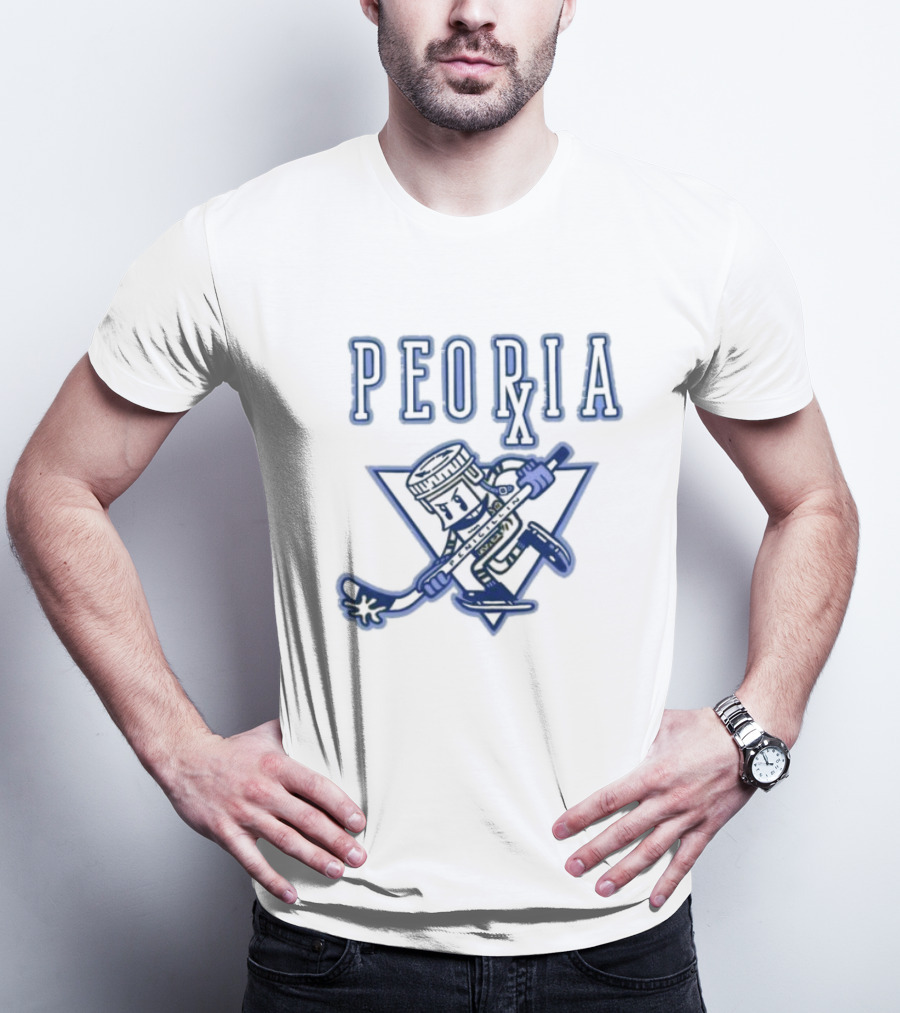 Peoria Hockey Mascot Penicillin Character With Syringe And Hockey Stick T-Shirt