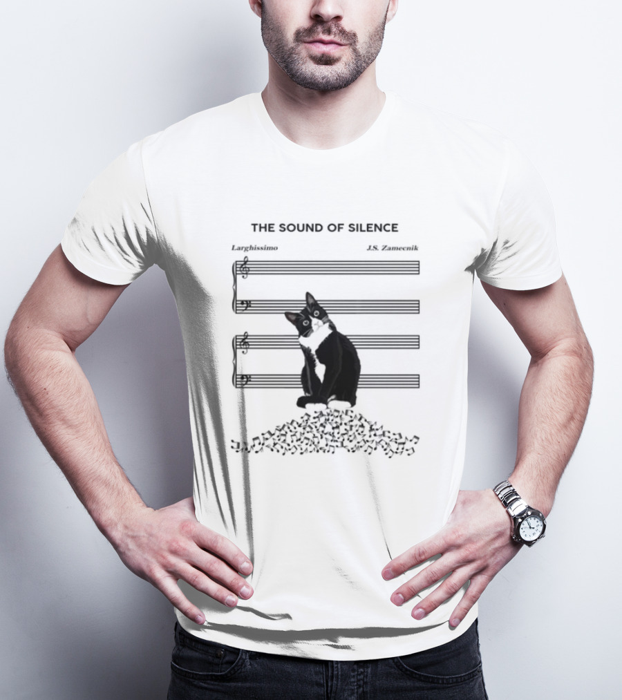 Black Cat Sitting On Music Notes The Sound Of Silence J.S. Zamecnik Larghissimo T-Shirt