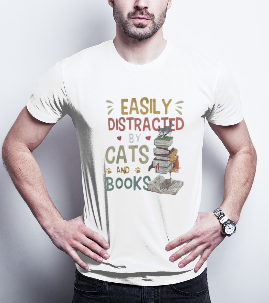 Easily Distracted By Cats And Books Stack Cats 365 Book Lover T-Shirt