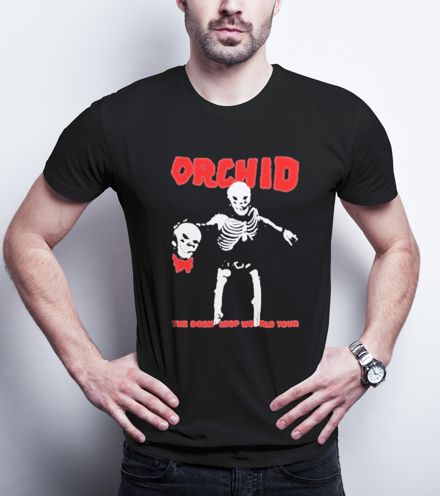 Orchid Skeleton Holding Skull The Doom Loop World Tour T-Shirt