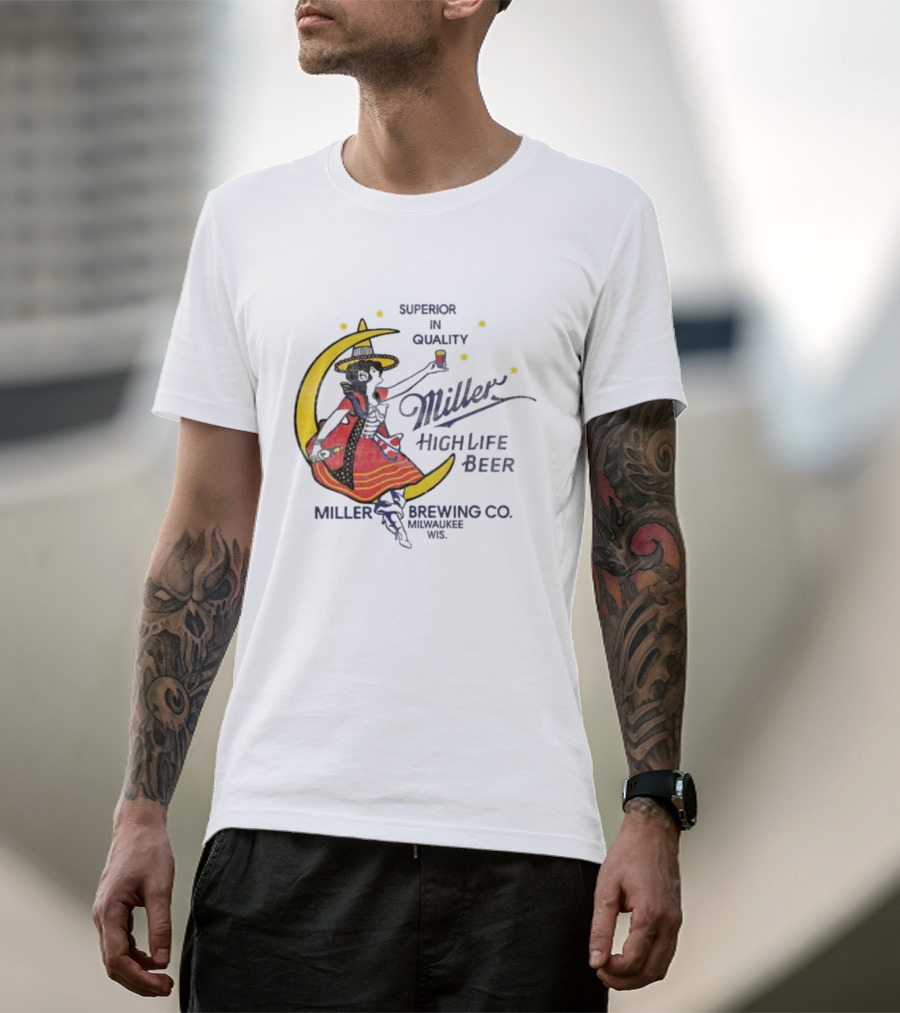 Superior Quality Miller High Life Beer Moon Lady Milwaukee Brewing Co T-Shirt