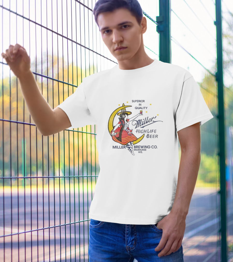 Superior Quality Miller High Life Beer Moon Lady Milwaukee Brewing Co T-Shirt