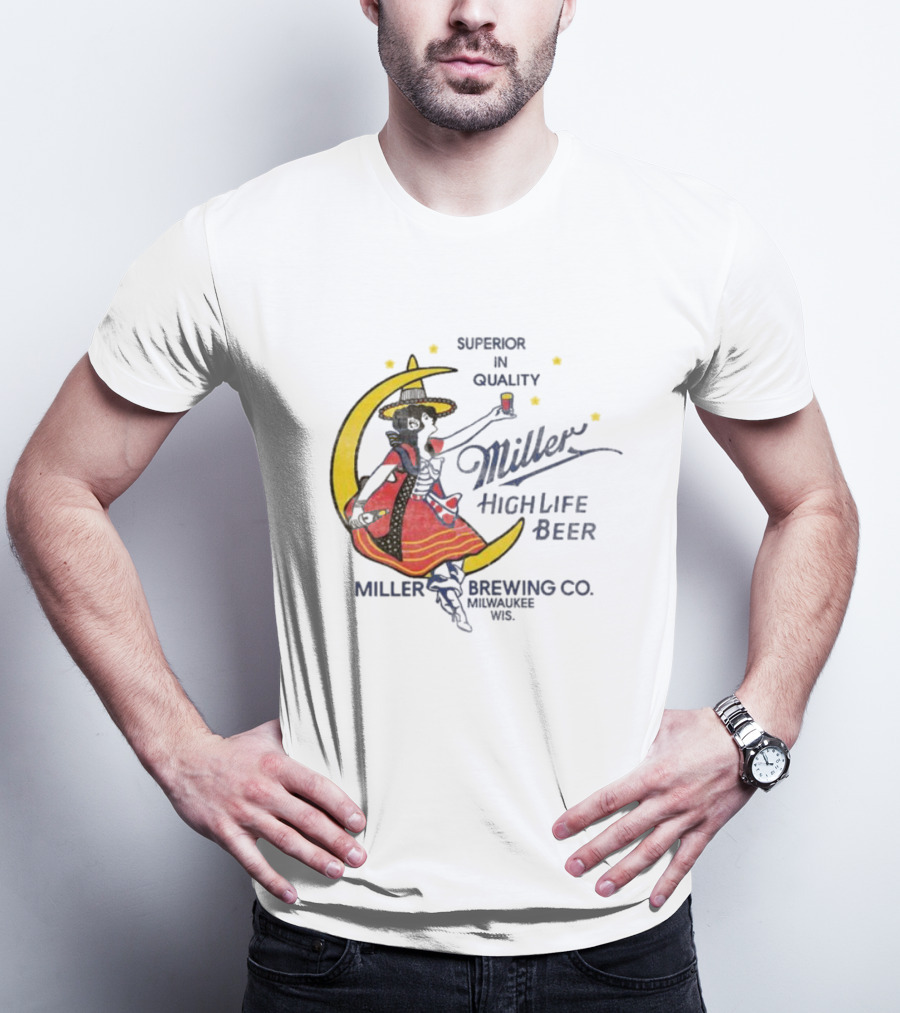 Superior Quality Miller High Life Beer Moon Lady Milwaukee Brewing Co T-Shirt