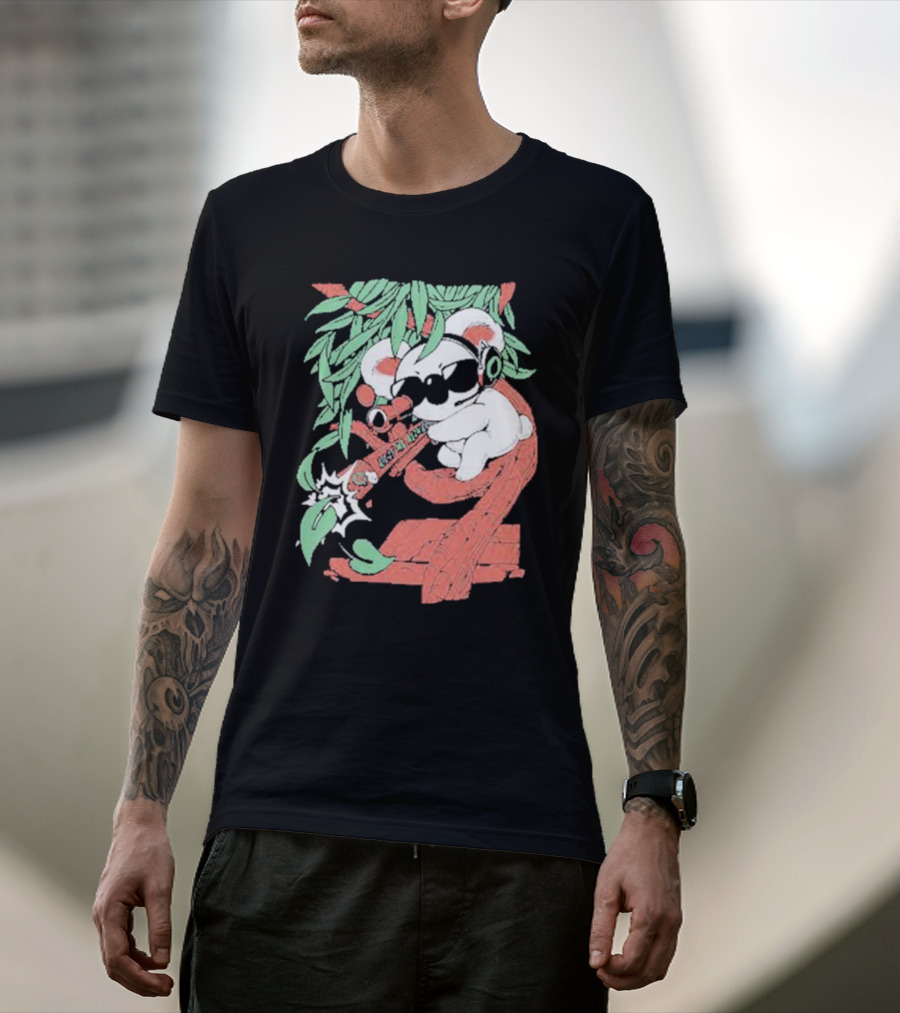 Flyquest Leaf Me Alone Koala Sniper On Tree Branch With Sunglasses And Headphones T-Shirt