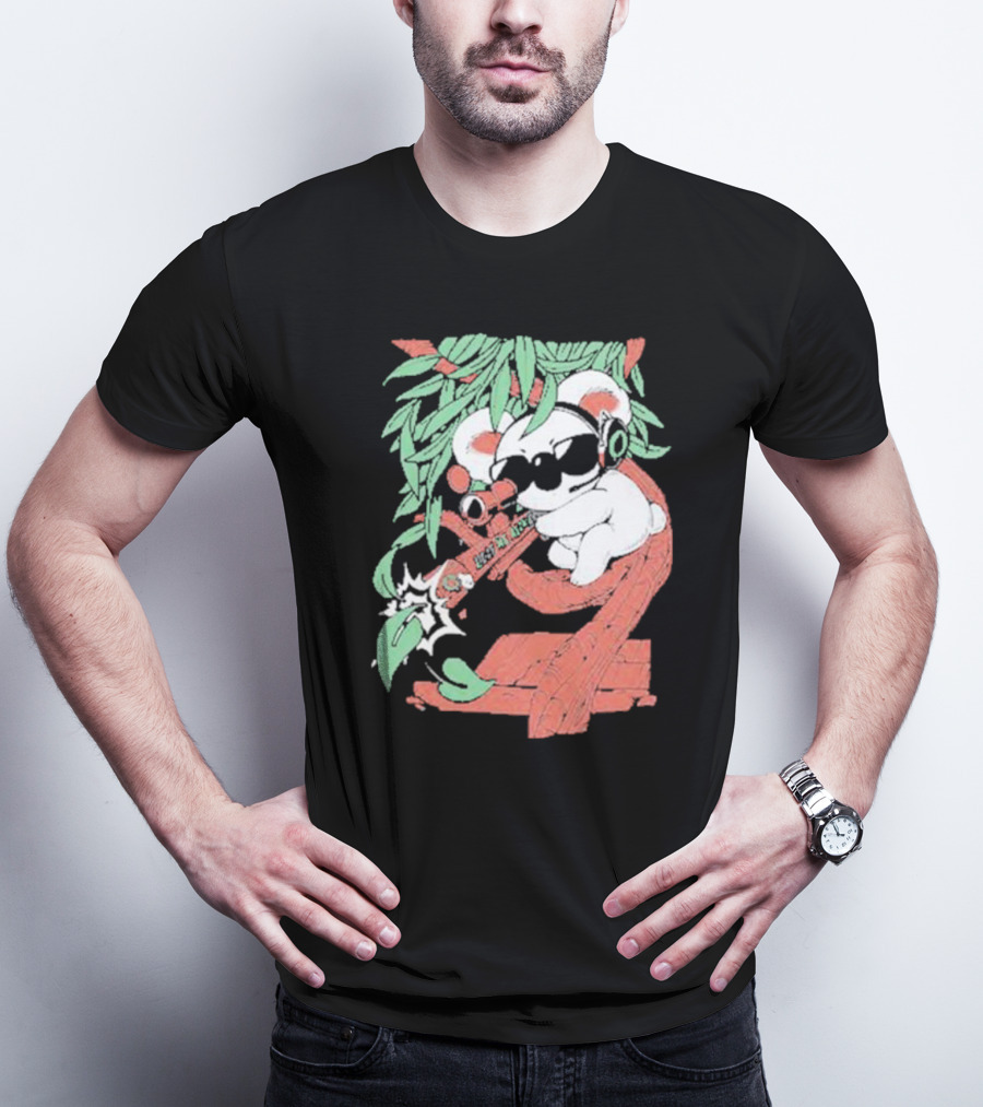 Flyquest Leaf Me Alone Koala Sniper On Tree Branch With Sunglasses And Headphones T-Shirt