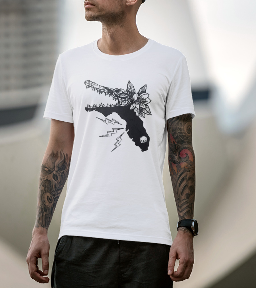 Florida Will Eat You - Alligator Skull Lightning Magnolia Map T-Shirt