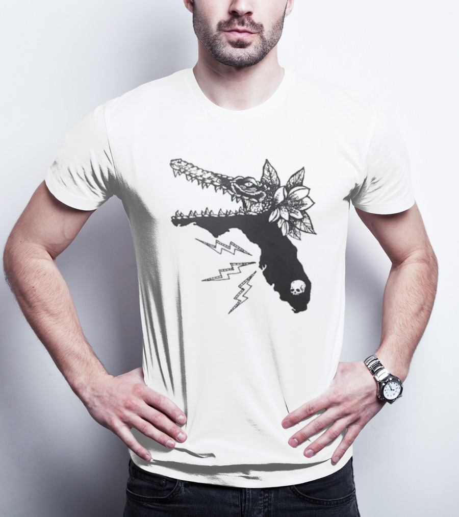 Florida Will Eat You - Alligator Skull Lightning Magnolia Map T-Shirt