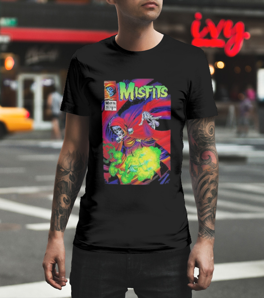 Misfits Yesterdays Death Skeleton Comic Cover 31 Skulls Purple Red Green Smoke T-Shirt
