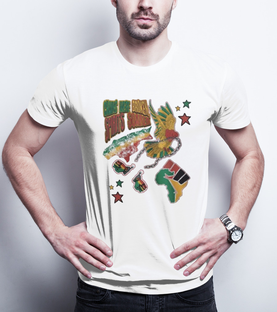 Chains Were Broken Spirits Soared Rasta Colors Fist Bird Stars T-Shirt