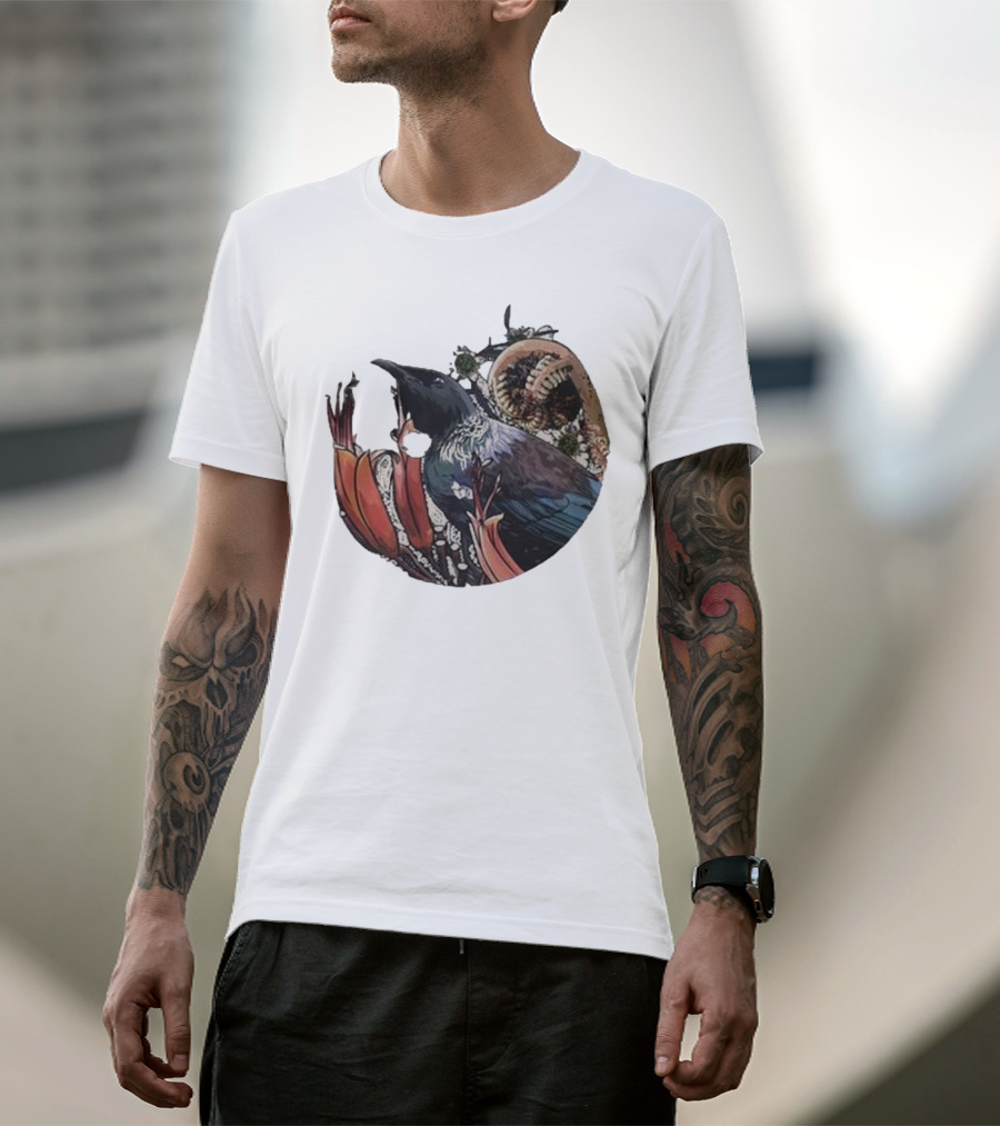 Tui’s Floral Harmony New Zealand Bird And Fern Motif T-Shirt