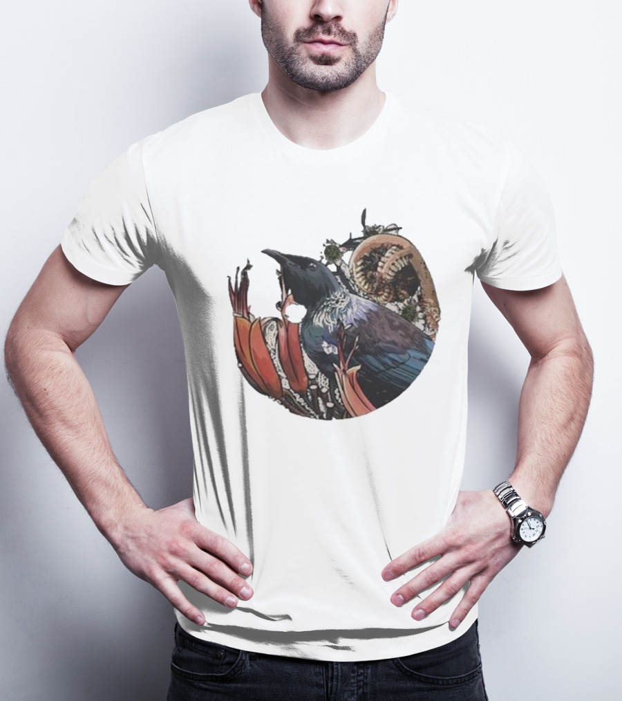 Tui’s Floral Harmony New Zealand Bird And Fern Motif T-Shirt