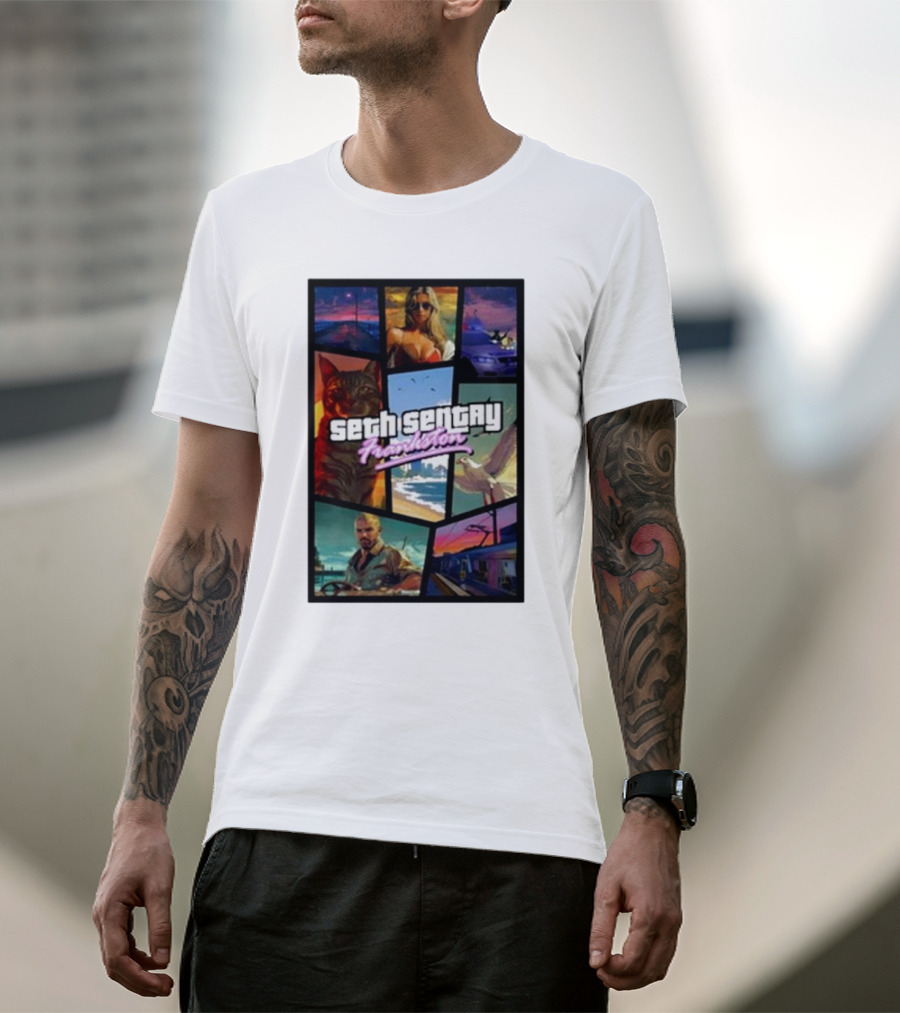Seth Sentry Frankston GTA Style Art With Cat And City Scenes T-Shirt