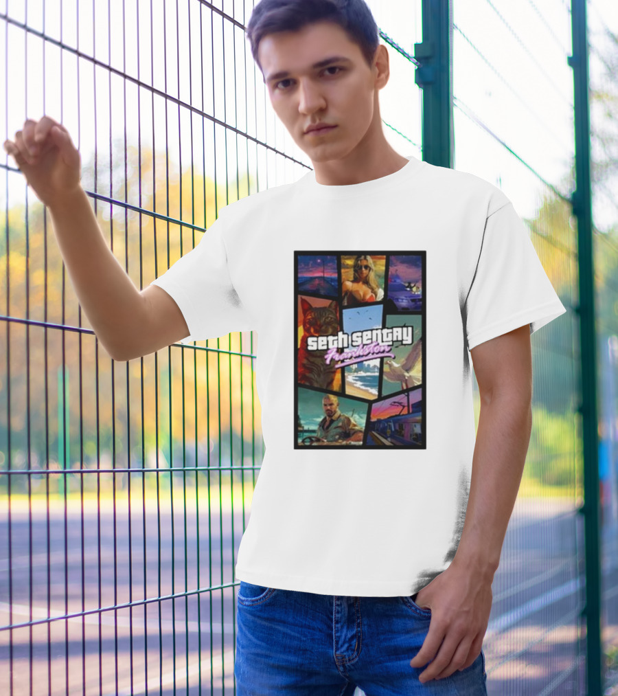 Seth Sentry Frankston GTA Style Art With Cat And City Scenes T-Shirt