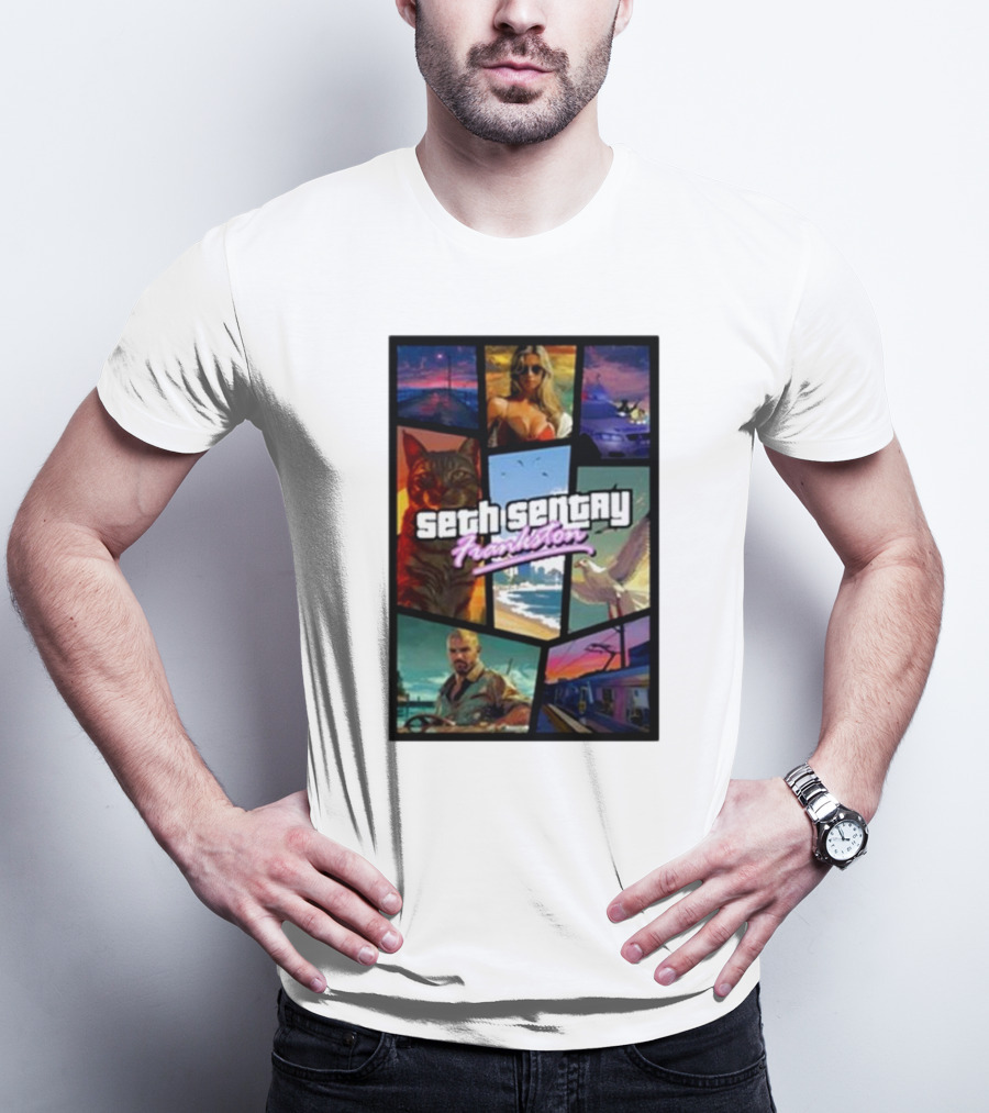 Seth Sentry Frankston GTA Style Art With Cat And City Scenes T-Shirt
