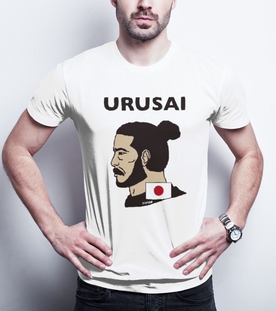 URUSAI Hiragana Ninja Japan Samurai Man Bun Profile With Flag T-Shirt