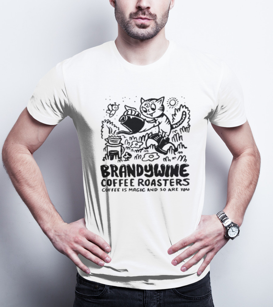 Brandywine Coffee Roasters Coffee Is Magic And So Are You Cat Pouring Coffee Outdoor Scene T-Shirt