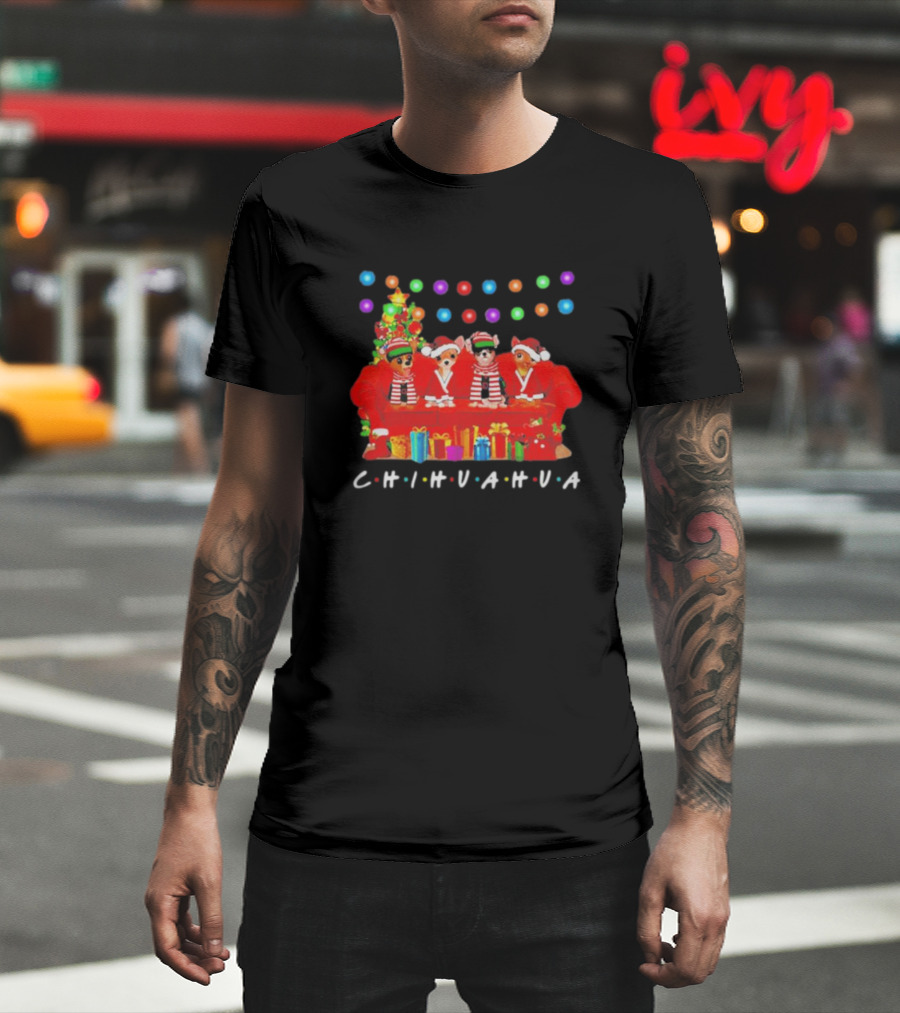 Merry Christmas Chihuahua Friends On Festive Couch With Colorful Lights And Presents T-Shirt