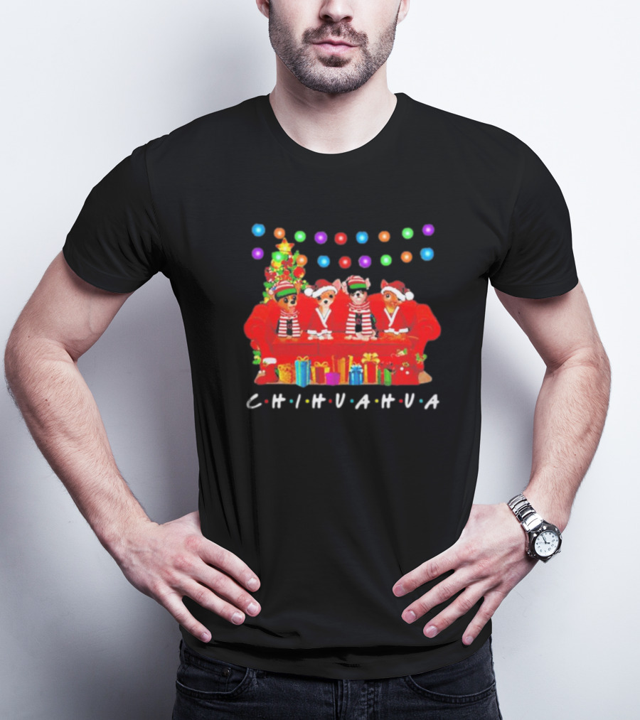 Merry Christmas Chihuahua Friends On Festive Couch With Colorful Lights And Presents T-Shirt