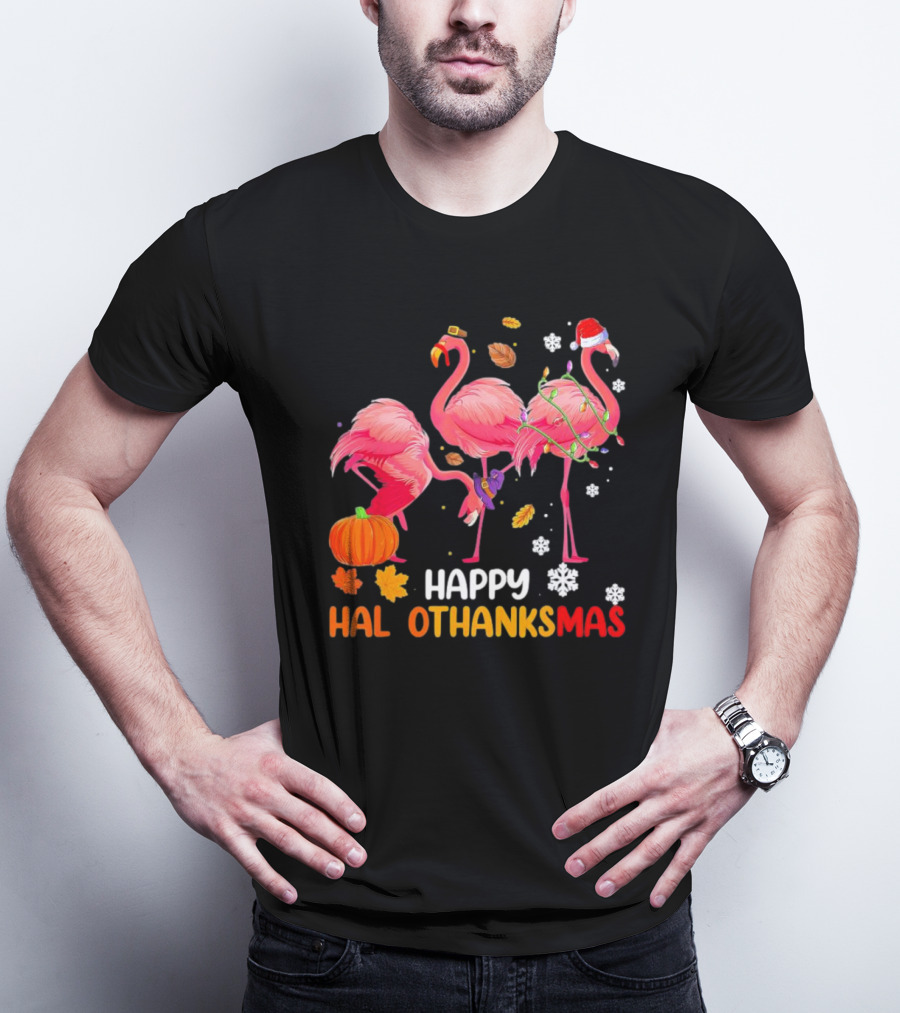 Happy Hallothanksmas Flamingo Halloween Thanksgiving Pumpkin Leaves Snowflakes T-Shirt