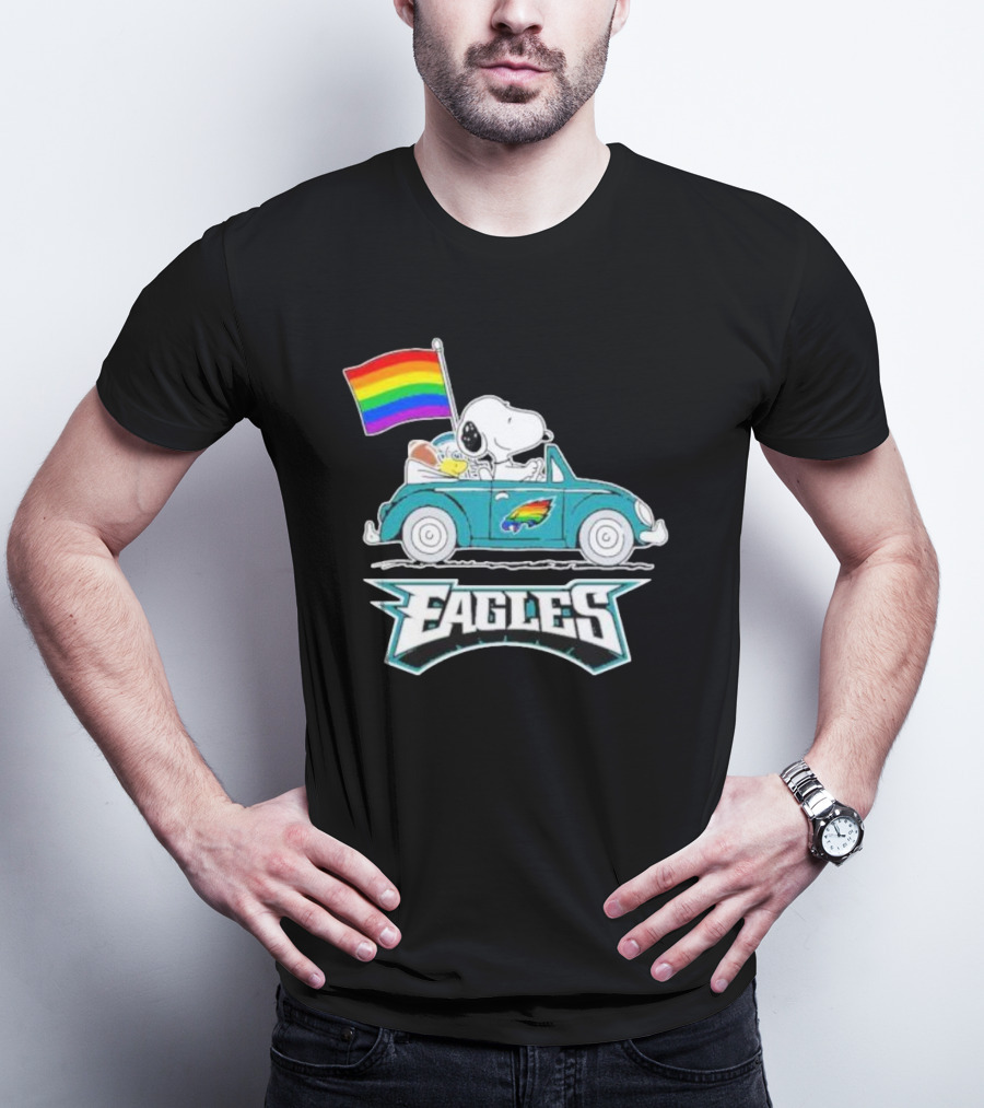 Philadelphia Eagles Pride Month Snoopy And Woodstock Rainbow Flag Parade T-Shirt