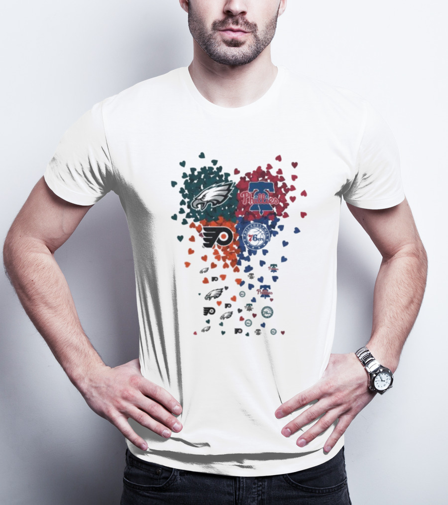 Philadelphia Eagles Phillies Flyers 76ers Logos And Hearts T-Shirt