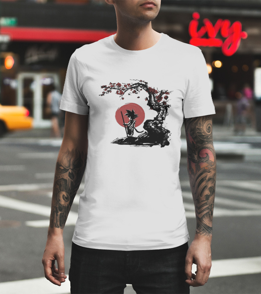 Son Goku Saiyan Solitude Beneath Cherry Blossom And Sun T-Shirt