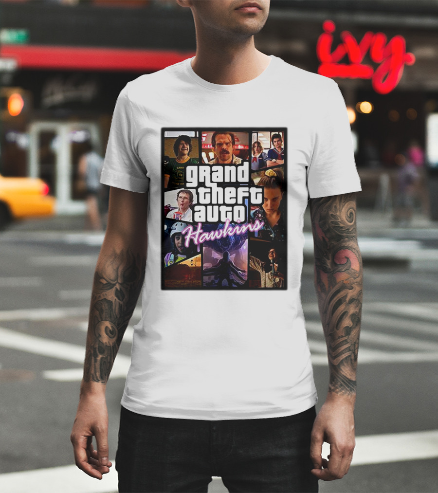 Stranger Things 3 Grand Theft Auto Hawkins Vintage Style Collage T-Shirt