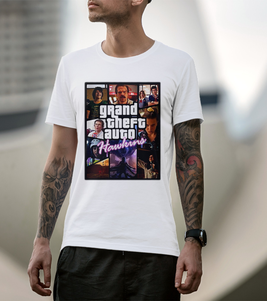 Stranger Things 3 Grand Theft Auto Hawkins Vintage Style Collage T-Shirt