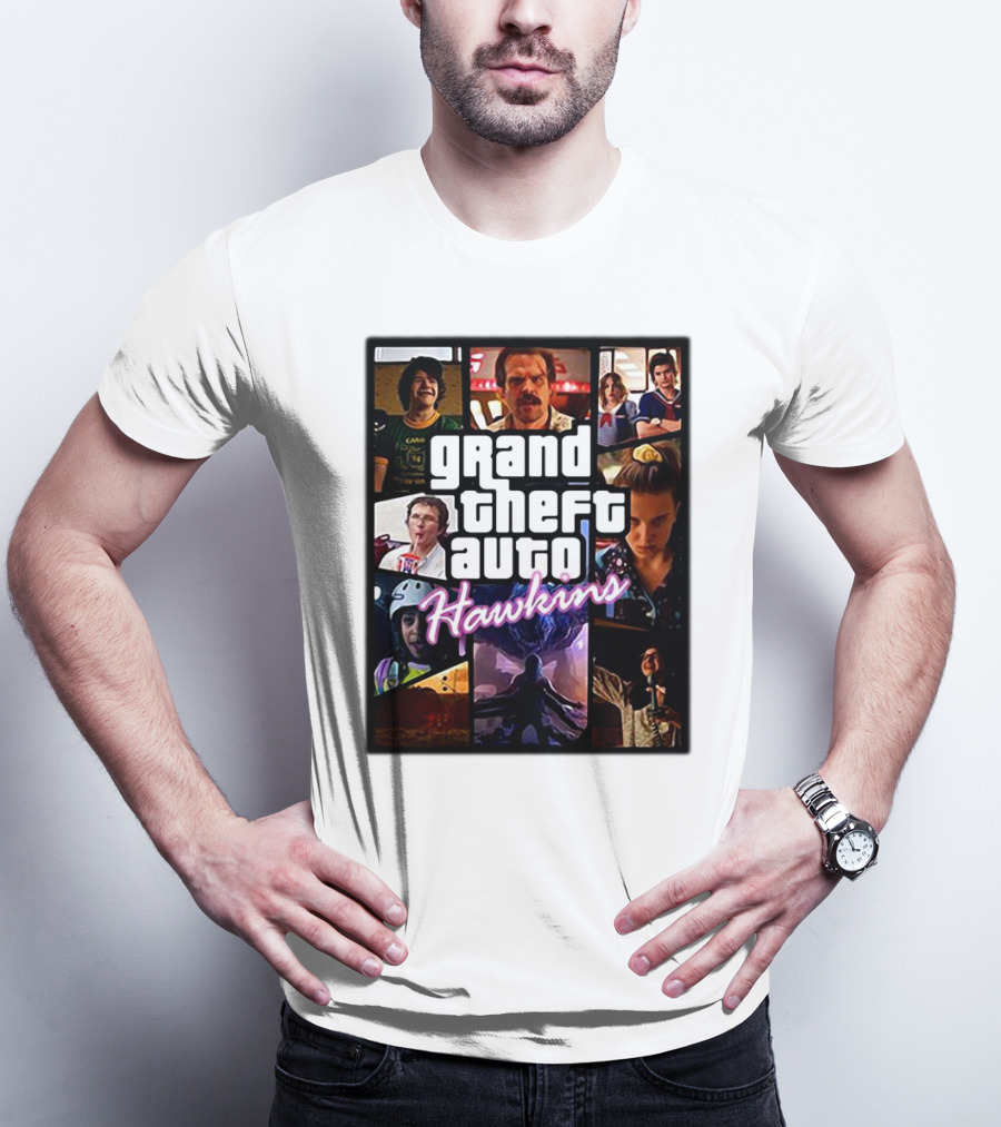 Stranger Things 3 Grand Theft Auto Hawkins Vintage Style Collage T-Shirt