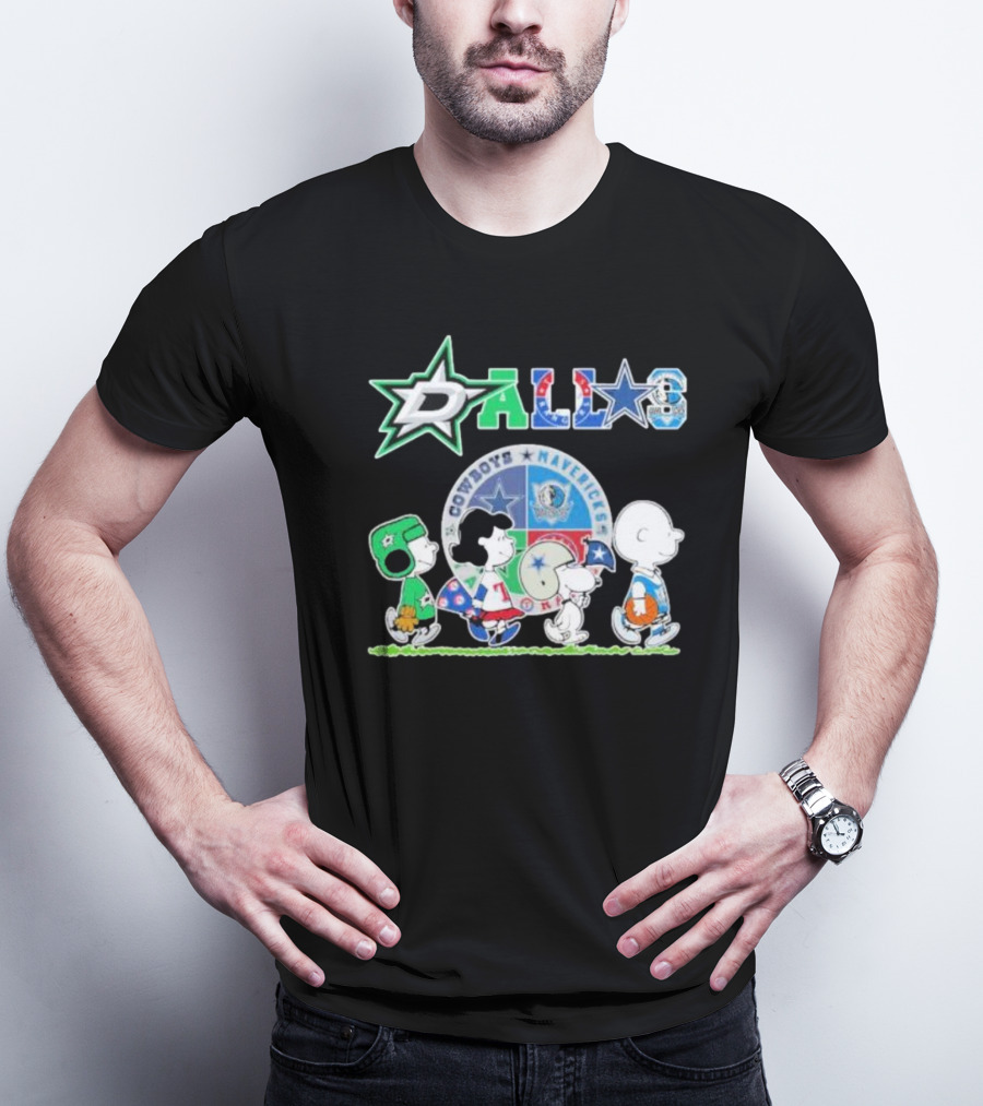 Peanuts Characters Walking With Dallas Cowboys Mavericks Stars T-Shirt