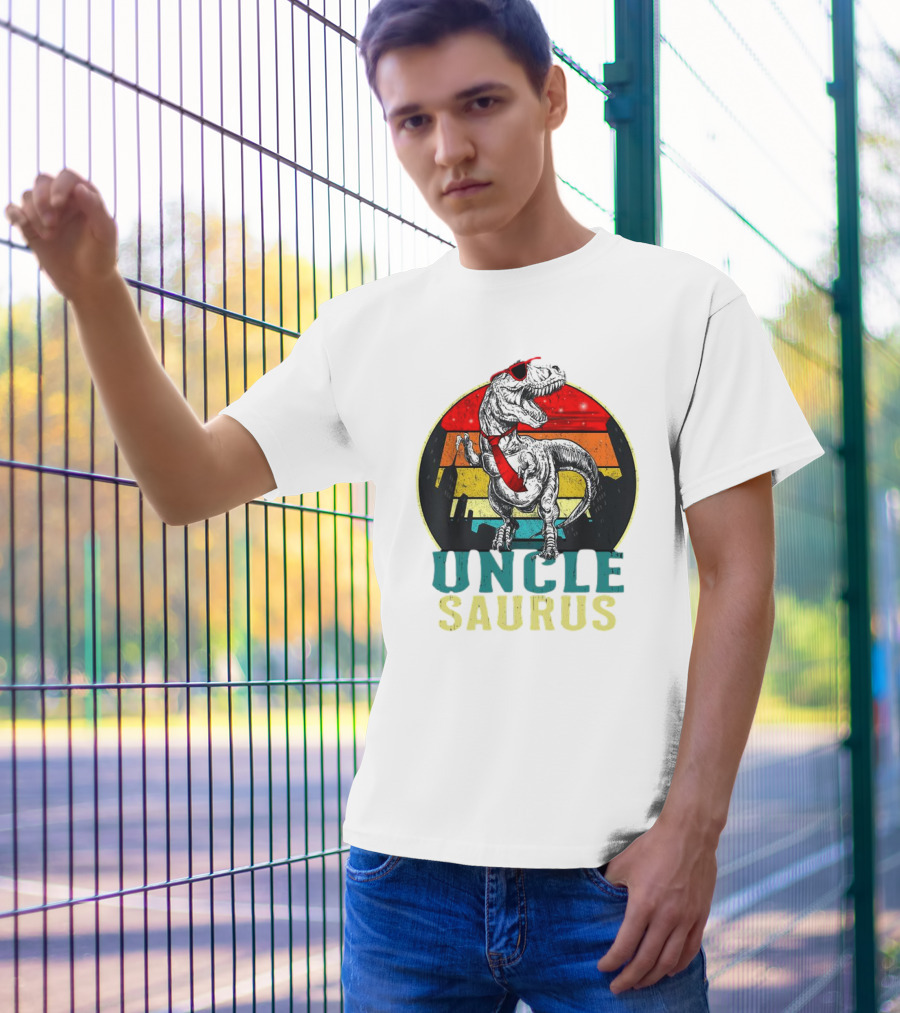 Uncle Saurus Rex Dinosaur With Sunglasses And Red Tie Fathers Day T-Shirt