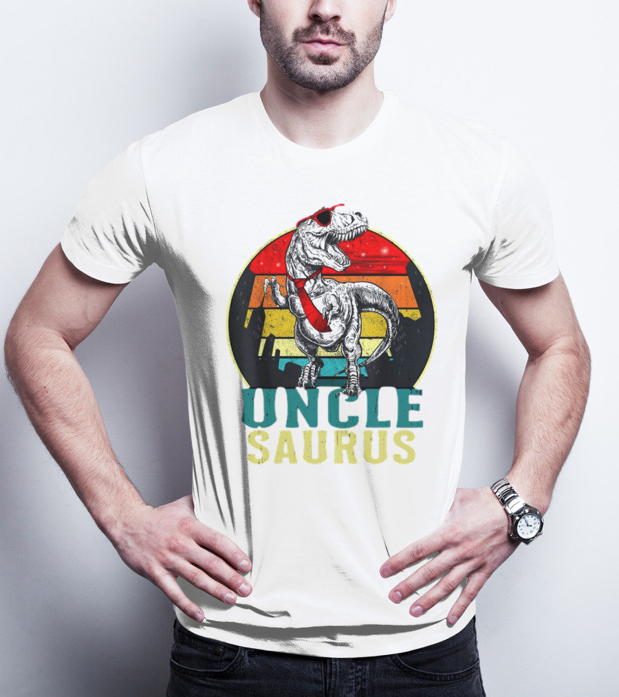 Uncle Saurus Rex Dinosaur With Sunglasses And Red Tie Fathers Day T-Shirt