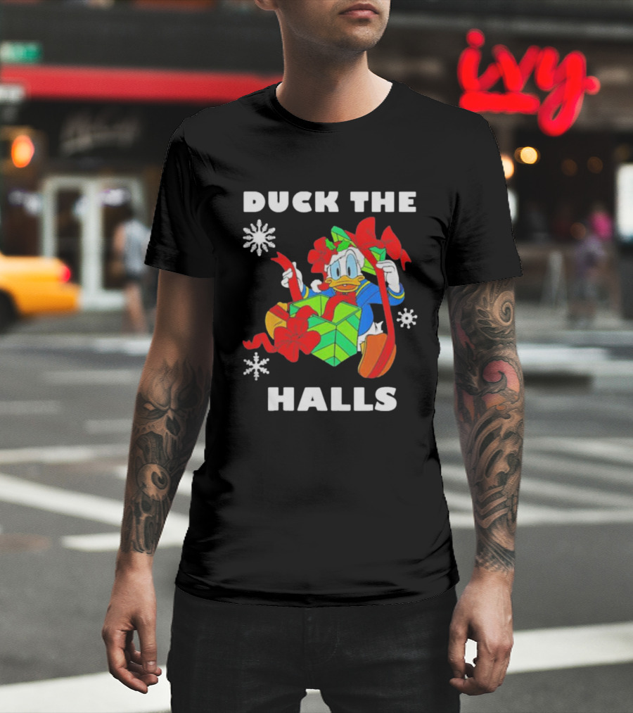 Duck The Halls Christmas With Present And Snowflakes T-Shirt