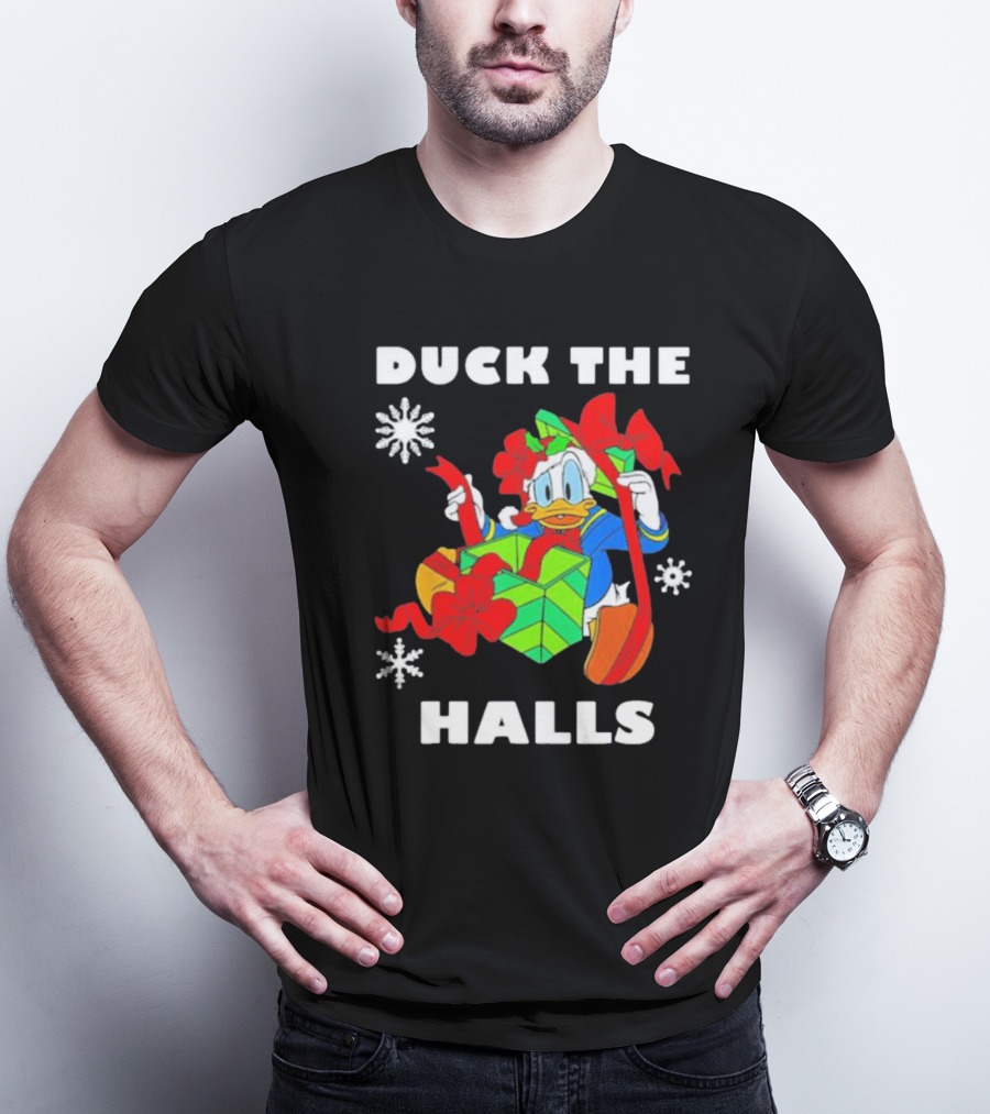Duck The Halls Christmas With Present And Snowflakes T-Shirt