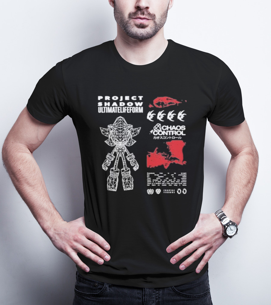 Project Shadow Ultimate Lifeform Chaos Control Japanese Text Wireframe Character Red Elements T-Shirt