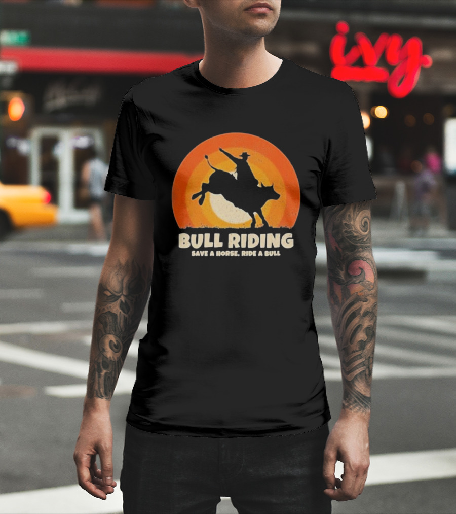 Bull Riding Save A Horse Ride A Bull Sunset Silhouette Cowboy Vintage T-Shirt
