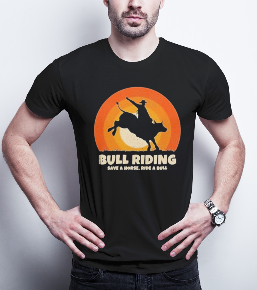 Bull Riding Save A Horse Ride A Bull Sunset Silhouette Cowboy Vintage T-Shirt